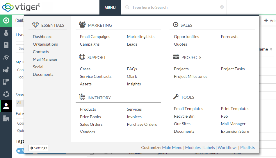 Vtiger gets a new main menu - Vtiger CRM Blog